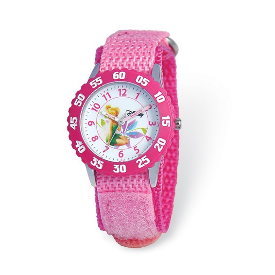 Disney Kids Tinker Bell Pink Velcro Band Time Teacher Watch XWA3996