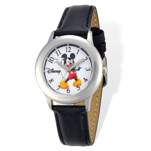 Round Mickey Mouse Watch with Black Leather Strap XWA4508