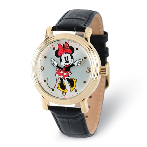 Minnie Mouse Gold-tone Black Leather Watch Moving Arms Silver Dial XWA5764