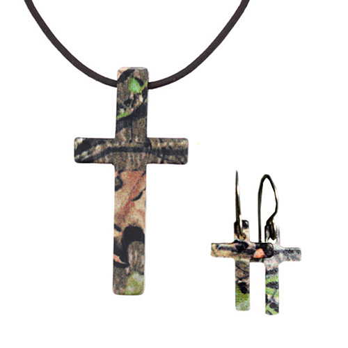 Stainless Steel Mossy Oak Camo Cross and Earrings Set SC003414