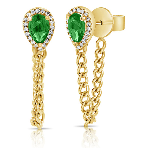 14k Yellow Gold Emerald and Diamond Front to Back Chain Link Dangle ...