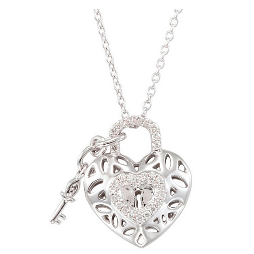 Sterling Silver 1/6 ct Diamond Key Heart Lock Necklace JJ68664