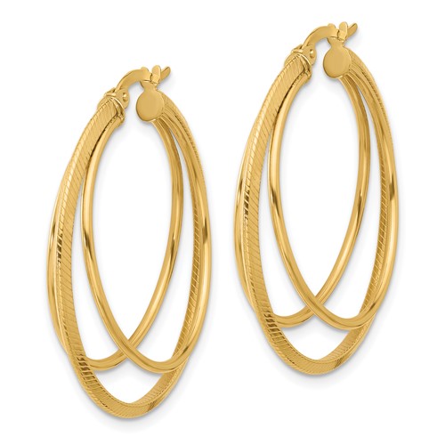 14k Yellow Gold Textured and Polished Triple Row Hoop Earrings 1.25in ...